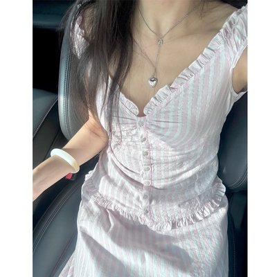 BM甜美条纹荷叶边修身短袖衬衫