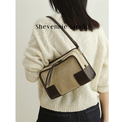 雪芸妮真皮复古撞色女士手提包