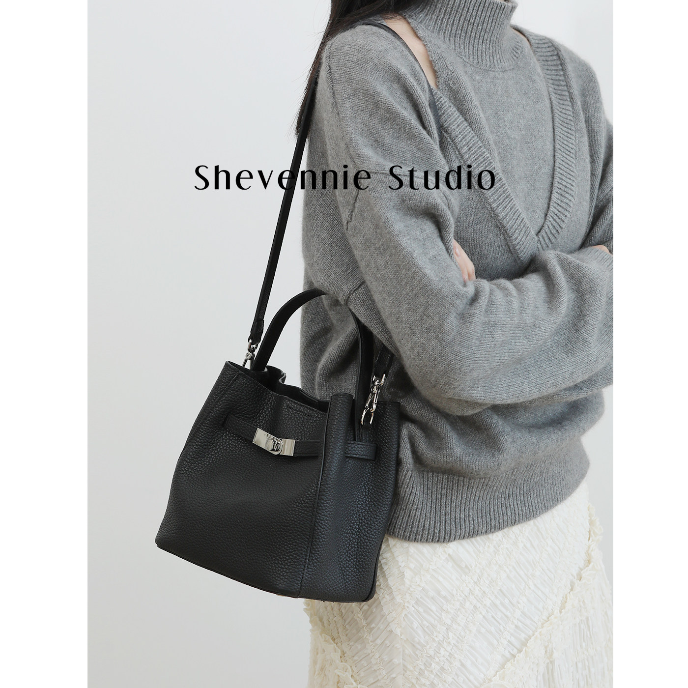 Shevennie2026 togo头层牛皮托特包女手提单肩斜挎水桶包hobo包女