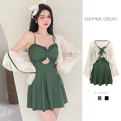 显瘦遮肚保守女连体泳衣平角小胸