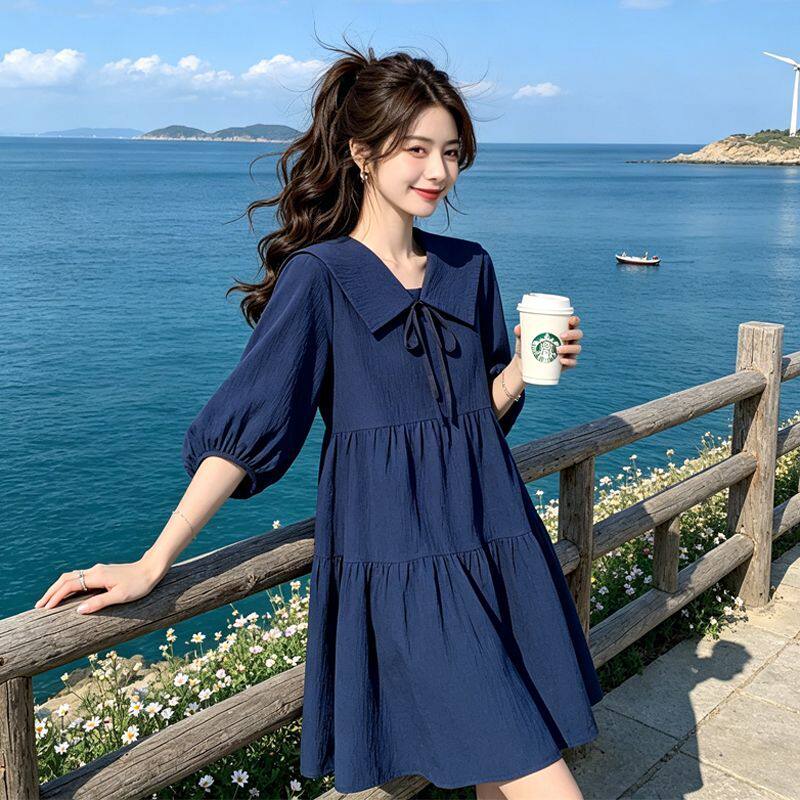 娃娃领泡泡袖洋装女夏季2026新款宽松复古灯笼小个子仙女裙子潮