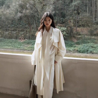 爱与南希十三行2026春夏韩系翻领双排扣A字宽松腰绳长款风衣04231