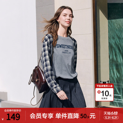 betu百图撞色格子插肩袖套头卫衣女2026年春季新款灰色通勤上衣