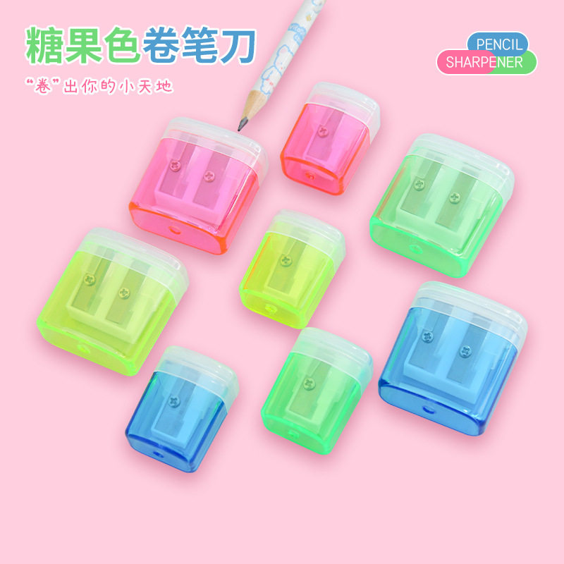 儿童手动卷笔刀双孔透明塑料转笔刀削笔刀学生多色铅笔削笔器