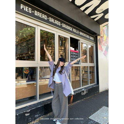 aaaaxbbb条纹针织裤拖地裤长裤