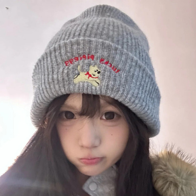 可爱小狗刺绣针织帽川西旅游