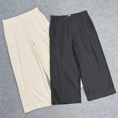 E6101外贸新款女高腰亚麻阔腿裤薄款透气后松紧腰直筒裤休闲长裤