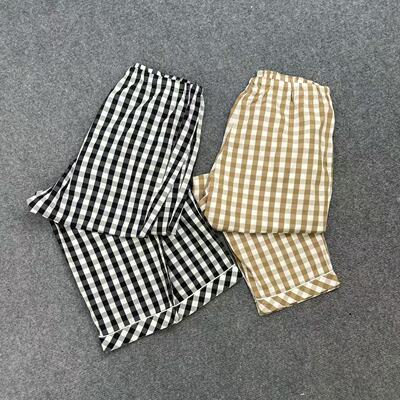 J3131日单格子睡裤春秋宽松直筒家居裤腰部调节休闲妈咪裤