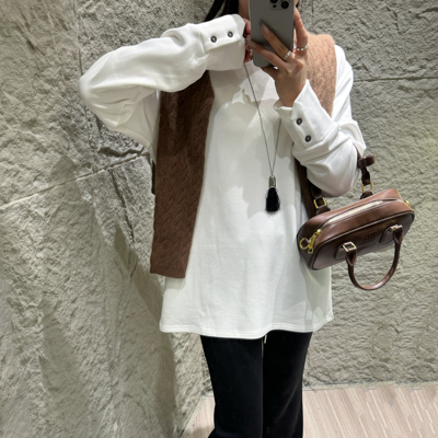 DW强推圆领洋气磨毛加绒纯棉长袖扣子开叉白色T恤女打底内搭8019