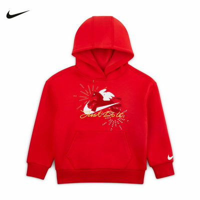 NIKE耐克马年新年款卫衣小童印花上衣红色连帽套头衫IU5332-657