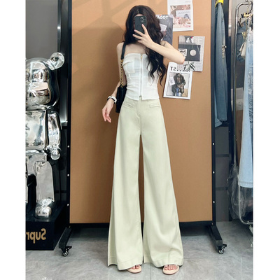茶绿色天丝阔腿牛仔裤女夏季薄款