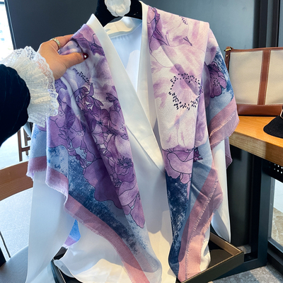 四季可用毛边印花法式方巾披肩女