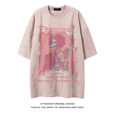 HTTAOSUP美式复古鹿皮绒短袖T恤