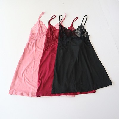 夏季新品女中长款吊带裙莫代尔拼接蕾丝镂空宽松弹力居家睡裙F4