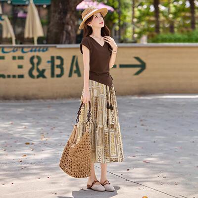 设ZYI9617R感上衣计印花半身裙套装女夏减新款气质龄穿季搭两件套