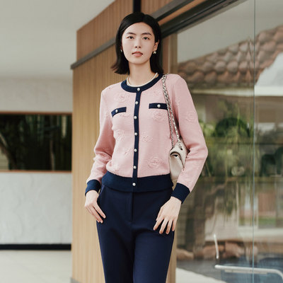 歌蒂诗春季专柜新款气质减龄粉色小香风羊毛针织衫 1E41Z1735