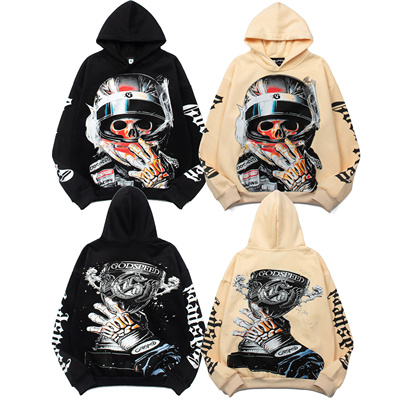 复古美式Godspeed骷髅赛车手印花潮牌嘻哈ins情侣抓绒卫衣连帽衫