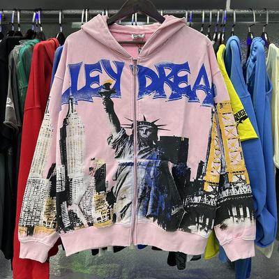 潮牌Vale Valley美式雕像印花复古洗水做旧宽松拉链纯棉卫衣外套