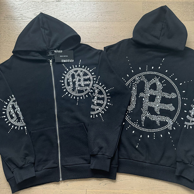 美式潮牌MIXED EMOTION烫钻复古高街嘻哈纯棉宽松拉链卫衣连帽衫