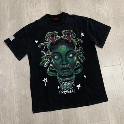 Lost intricacy复古蛇女印花洗水做旧美潮高街纯棉圆领短袖T恤衫