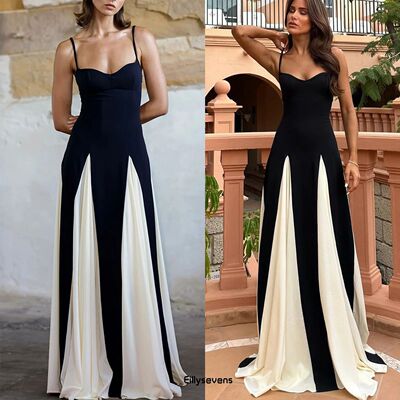 欧美拼接吊带收腰长款连衣裙