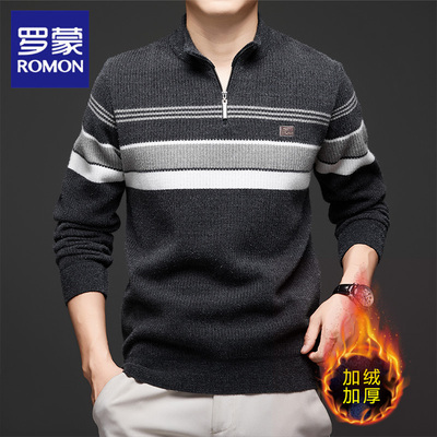 罗蒙秋冬款加绒半高拉链针织衫男