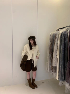 韩国东大门秋冬新款双面羊毛大衣设计感圆领系带短款小个子外套女