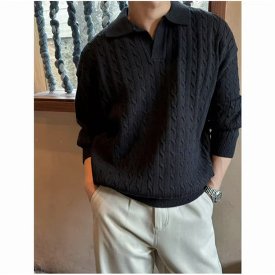 复古绞花纹polo领针织衫男宽松百搭休闲毛衣黑色松弛感毛线衣体恤