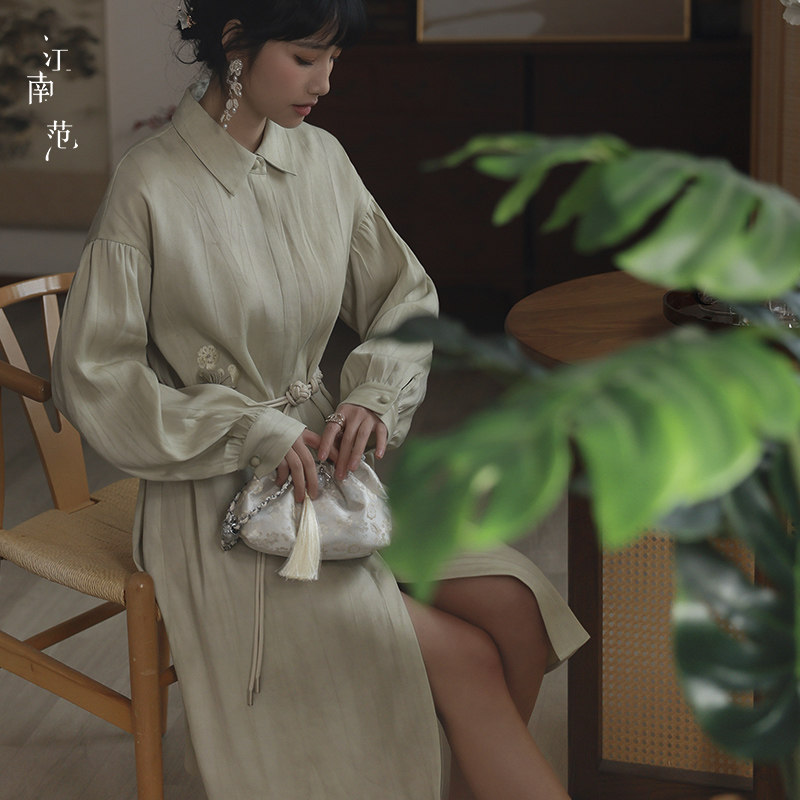 江南范日常可穿改良汉服连衣裙2025年春长袖翻领衬衫裙年轻款复古