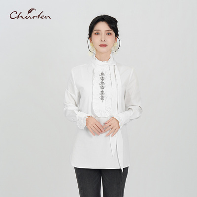 新中式白色立领褶边长袖女衬衫