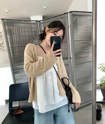 focuse正品～刺绣吊带背心白色温柔+橘色针织开衫韩系26春夏季