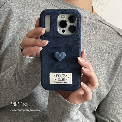 秋冬宝蓝色麂皮爱心标签手机壳