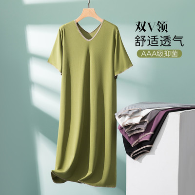 莫代尔V领连衣裙夏季大码睡裙宽松a字裙家居休闲裙螺纹短袖大摆裙