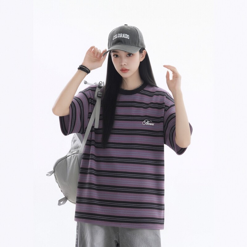 APWSTUDIO美式复古oversize紫色条纹短袖T恤男女潮牌宽松纯棉体恤