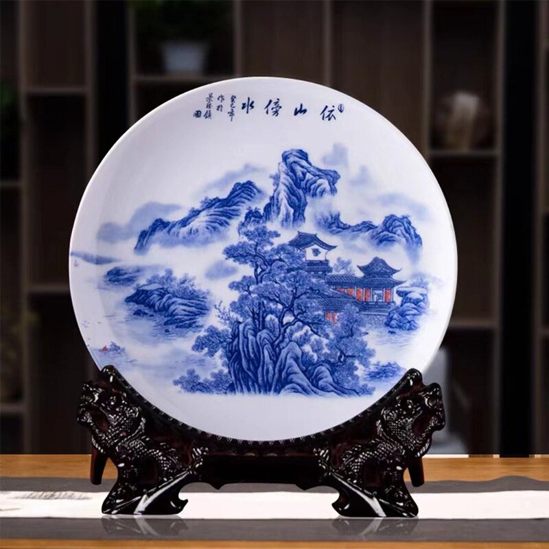 景德镇陶瓷器10寸山水画挂盘装饰盘中式玄关客厅坐盘工艺品摆件