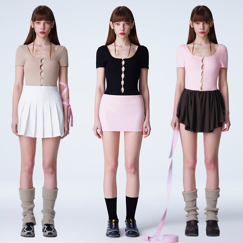 noBra by ABMY芭蕾镂空连体衣女夏性感辣妹方领露背带胸垫短袖T_虎窝淘