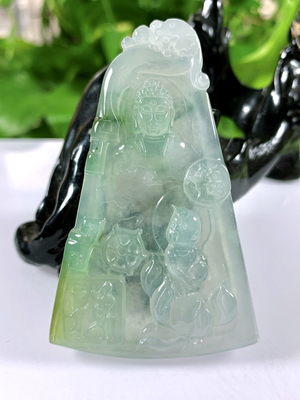 缅甸天然翡翠A货，精雕老坑冰种起胶双彩送子观音吊坠挂件2483