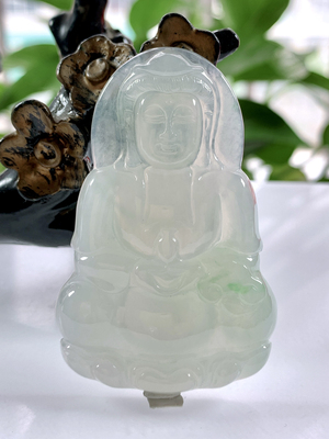 缅甸天然翡翠A货，冰种起胶略飘绿正装观音吊坠挂件2239