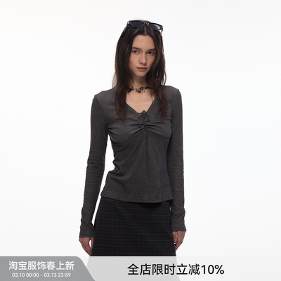 【雾染绑带】BiLLconch抽褶V领绑带长袖T恤女显瘦设计感打底衫