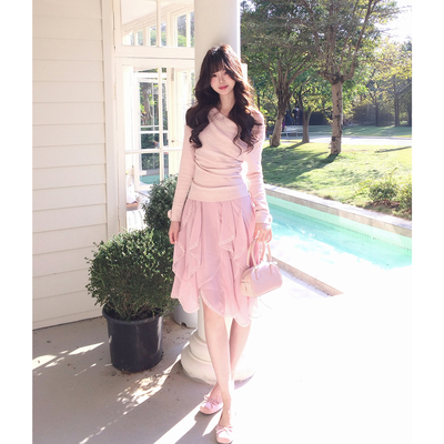 贰羊设计【今宜】法式温柔荡领针织上衣女春季新款收腰修身打底衫