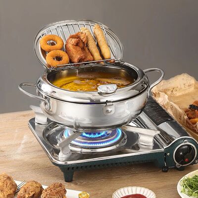 Fryer Pot with Oil Drip Drainer Rack Thermometer for Tempura
