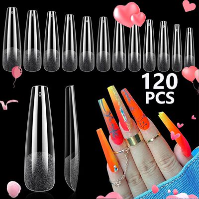 120PCS False Nails Semi-Frosted Clear Coffin Fake Nail Tips