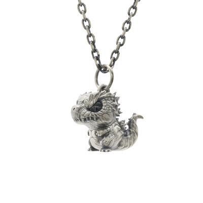 原创925银复古哥斯拉项链 Q版可爱godzilla大怪兽吊坠男女毛衣链