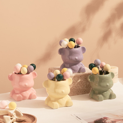奶油风陶瓷小熊挂果叉罐套装高颜值家居好物下午茶水果叉勺子