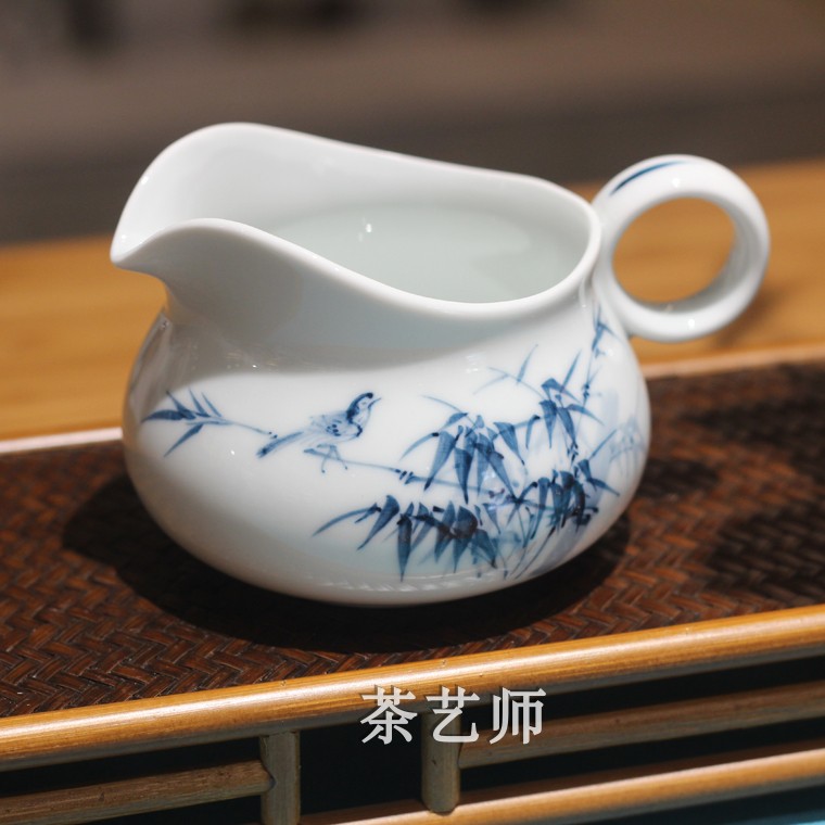 京德茶器贵和祥手绘青花瓷竹鸟古式茶海景德镇陶瓷大号公杯公道杯