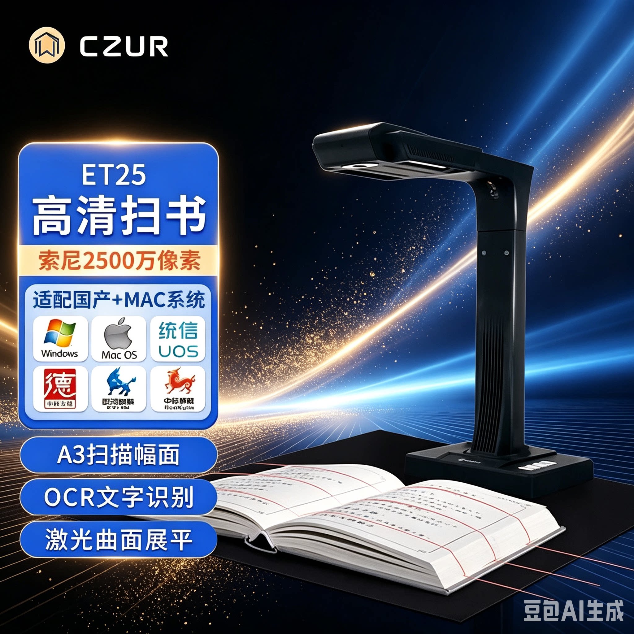 成者ET25智能专业2500万像素高清扫描仪AI激光曲面展平图书馆档案
