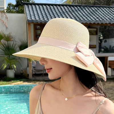 草帽女夏季遮阳防晒海边沙滩度假防紫外线蝴蝶结盆帽大檐太阳帽子