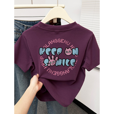 韩版设计感前后字母印花休闲百搭大码女夏新款正肩短袖t恤上衣ins