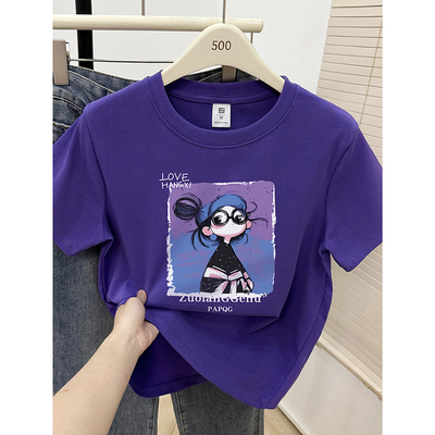 2025夏季新款正肩短袖T恤女时尚圆领洋气小女孩印花半袖体恤上衣