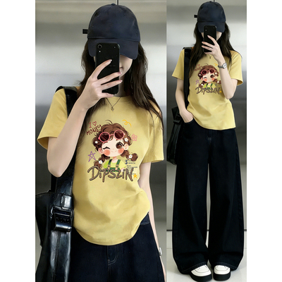 大码时尚卡通女孩印花显白正肩短袖t恤女装2026春夏新款圆领上衣